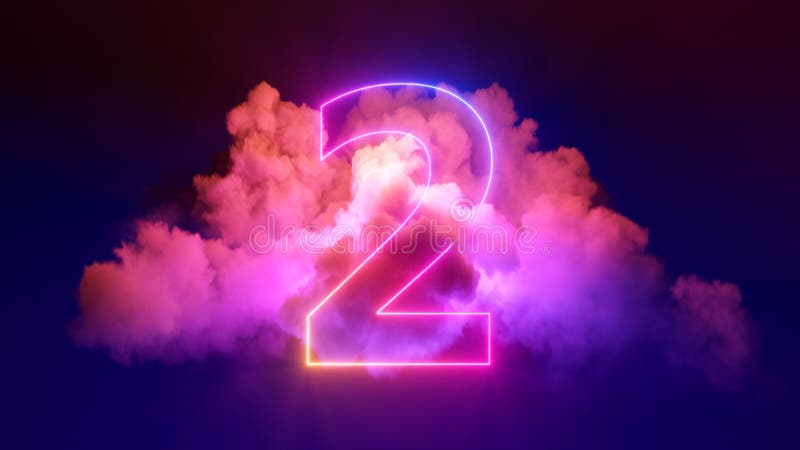 3d Render, Neon Linear Number Two and Colorful Cloud Glowing with Pink ...