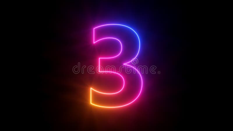 3d Render, Neon Number Three Glowing with Gradient Colors, Isolated on ...