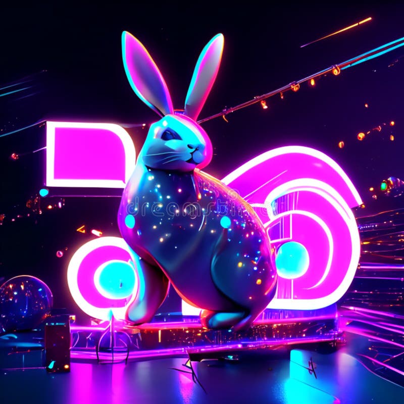 3d Render of a Neon Rabbit on the Background of an Entertainment Stage ...
