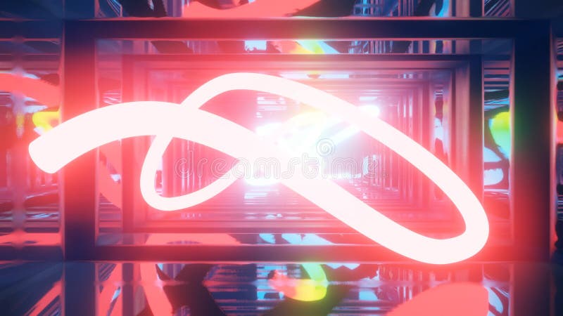 3d Render. Neon Ray Flies in Mirror Room Reflected in Numerous Mirrors ...