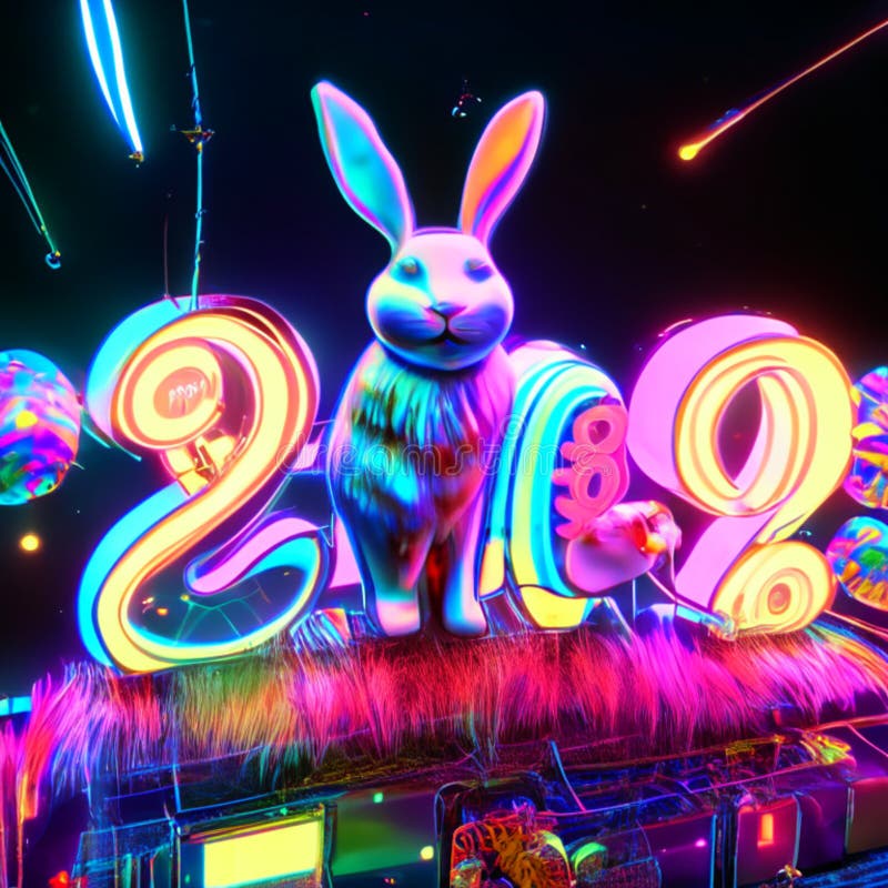 3d Render of a Neon Sign with the Number 2019 and a Rabbit. AI ...