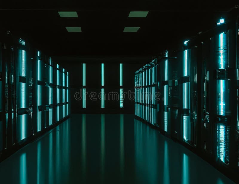 3D Render of a Network Server Room Exchanging Cyber Data and Internet ...
