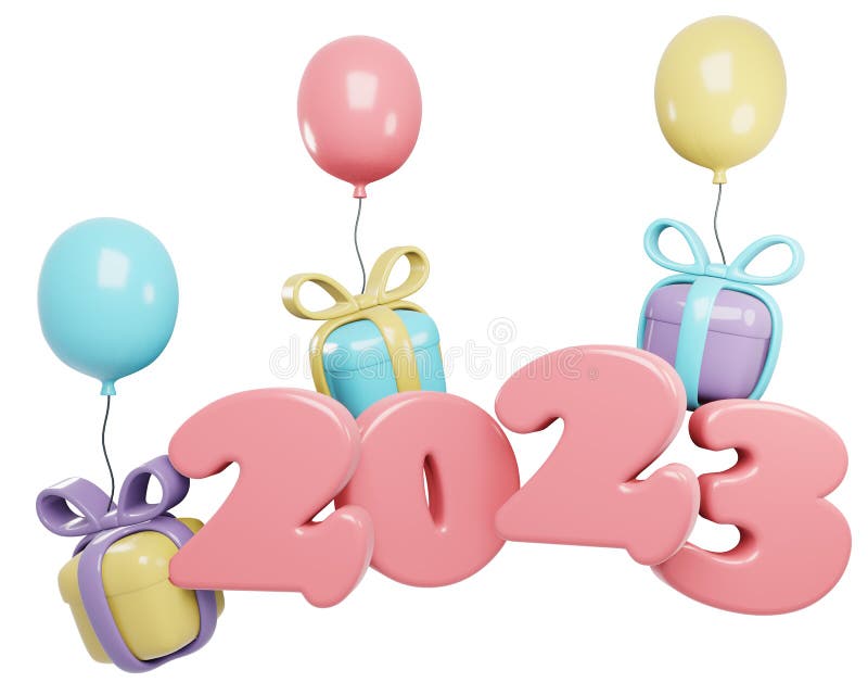 3D Render New Year 2023 Number with Balloon and Gift. Stock ...