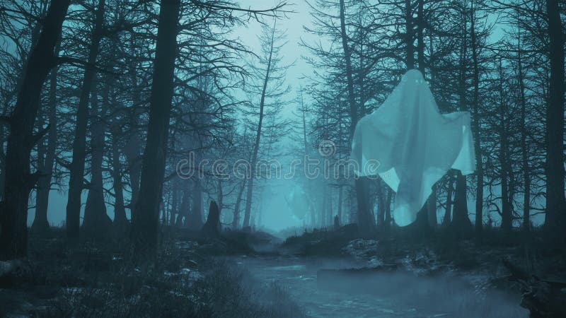 3d Render Night Scary Forest with Flying Ghosts Stock Illustration ...
