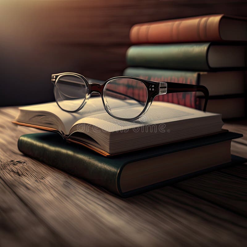 3D Render of Night Study Room Foreground with Eyeglasses and Books on ...
