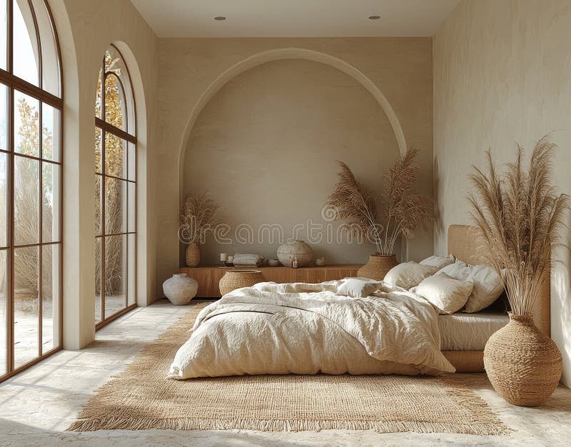 A 3D Render of a Nomadic Style Bedroom Interior Background Stock Image ...