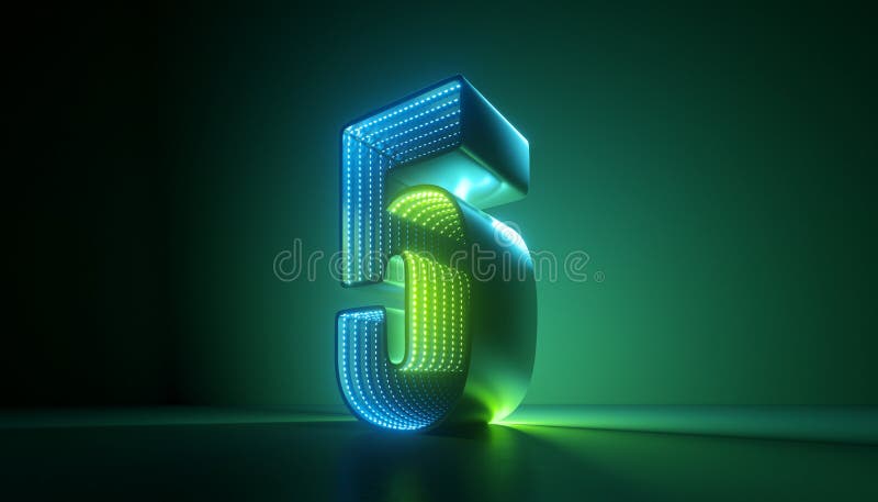 3d Render, Number Five, Green Blue Glowing Neon Light Stock ...