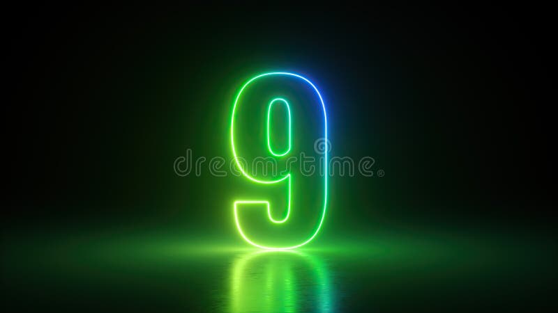 3d Render, Number Nine Glowing in the Dark with Green Blue Neon Light ...