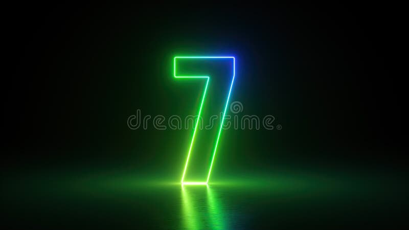 3d Render, Number Seven Glowing in the Dark with Green Blue Neon Light ...