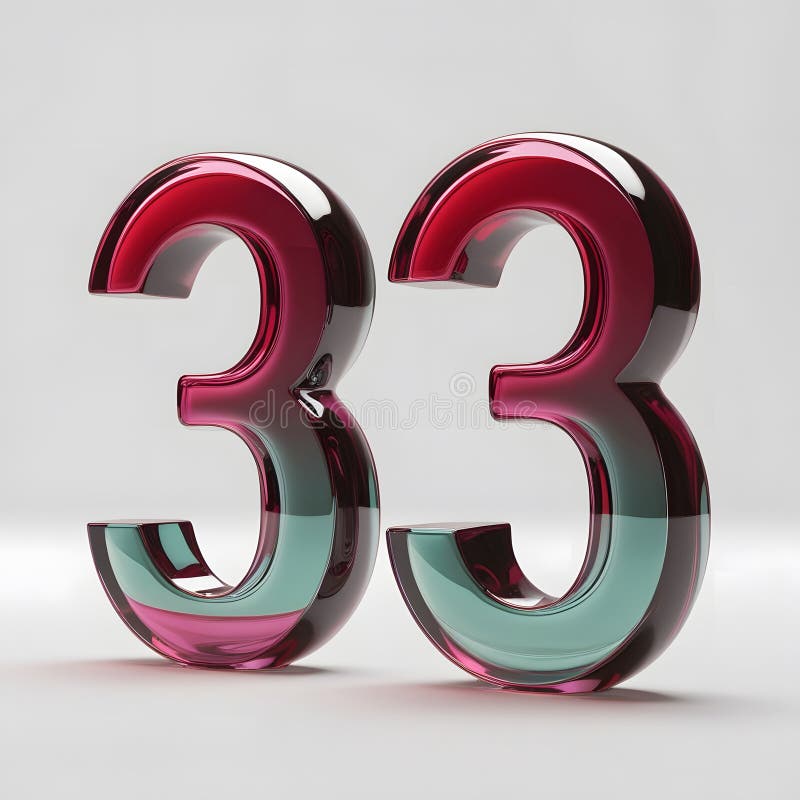 3D Render of Number Thirty-Three with Glassy Texture and Maroon Teal ...