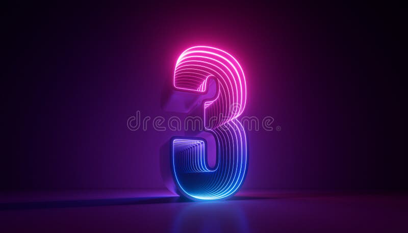 3d Render, Number Three, Digital Symbol, Pink Blue Gradient Neon Light ...