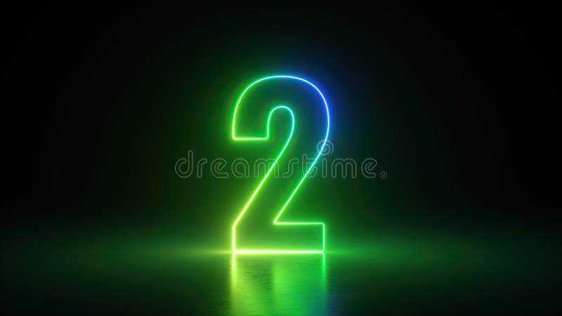 3d Render, Number Two Glowing in the Dark with Green Blue Neon Light ...