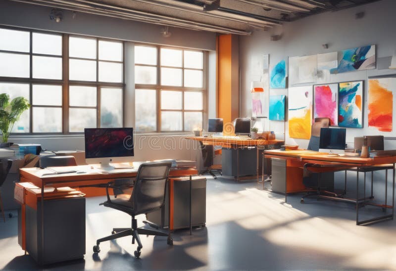 3d Render. Office Interior with Computer, Desk and Window. 3d Render ...