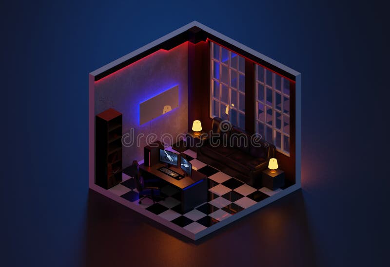3d Render Gaming Room Isometric., 3d Illustration Stock Illustration ...