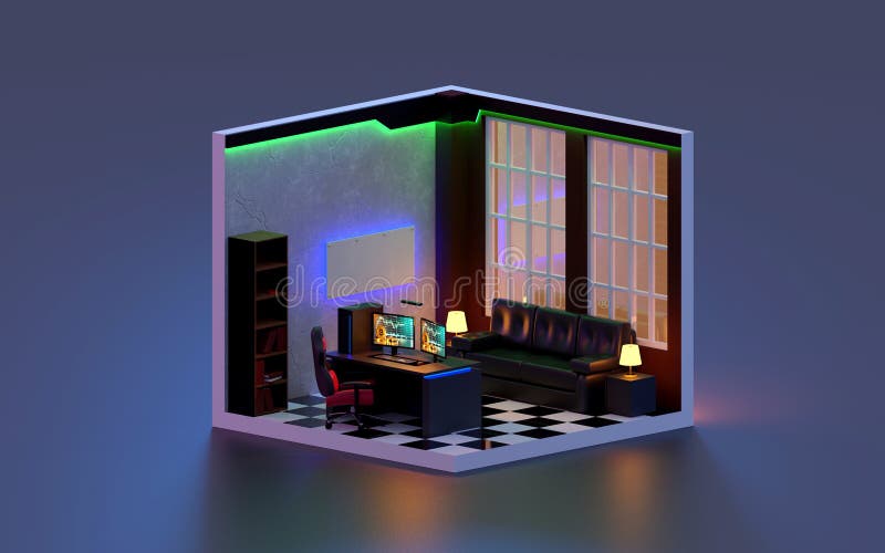 3d Render Gaming Room Isometric., 3d Illustration Stock Illustration ...