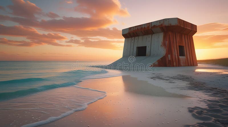 3D Render of an Old Bunker on the Beach at Sunset. Stock Illustration ...