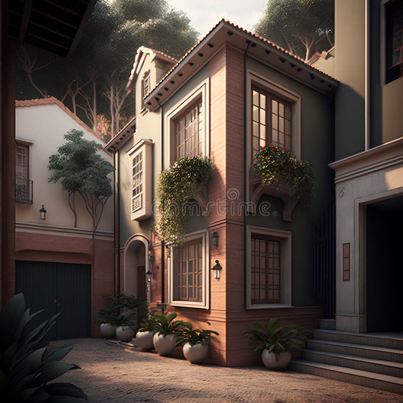 3D Render of an Old House in a Street with Plants. Stock Illustration ...