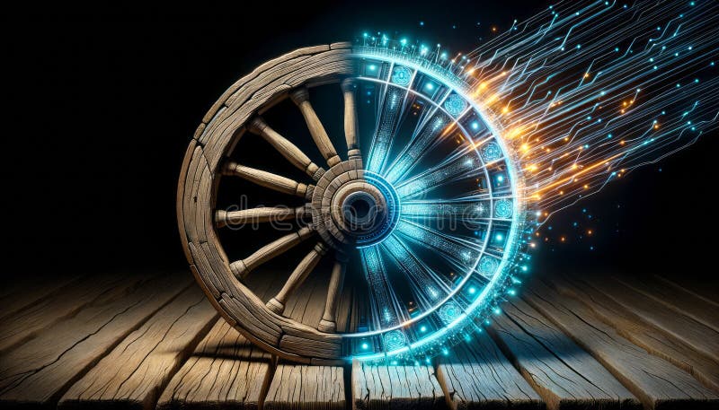 3D Render of an Old Wooden Cartwheel Evolving into a High-tech ...