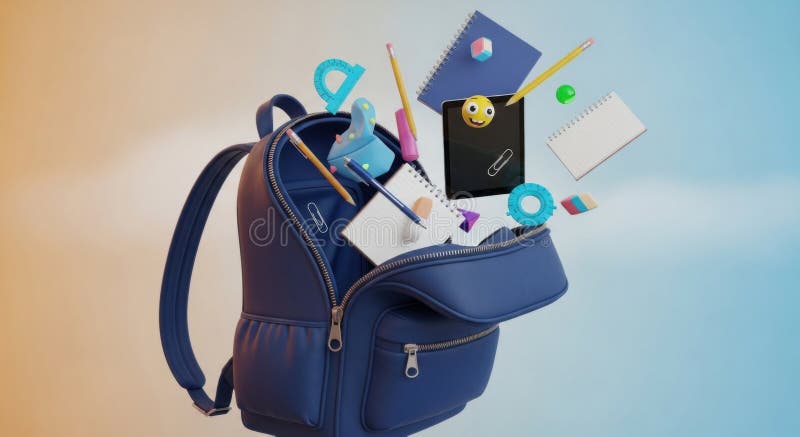 3D Render of Open Backpack with School Supplies Floating Outwards Stock ...