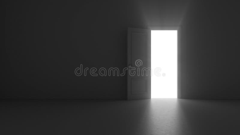 3d Render Open Door Shine in Dark Room Stock Illustration ...