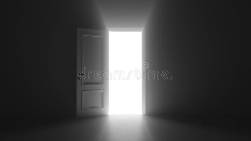 3d Render Open Door Shine in Dark Room Stock Illustration ...