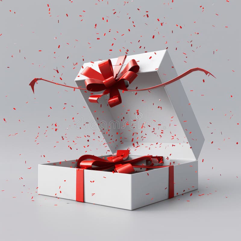 3D Render of Open Gift Box with Red Ribbon Flying Out Against Grey ...