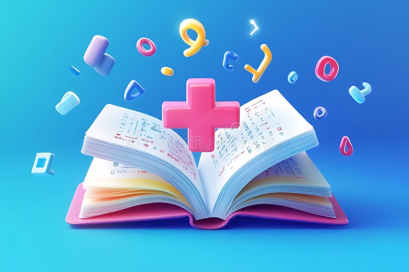 3D Render of Open Notebook with Plus Sign and Colorful Floating Letters ...