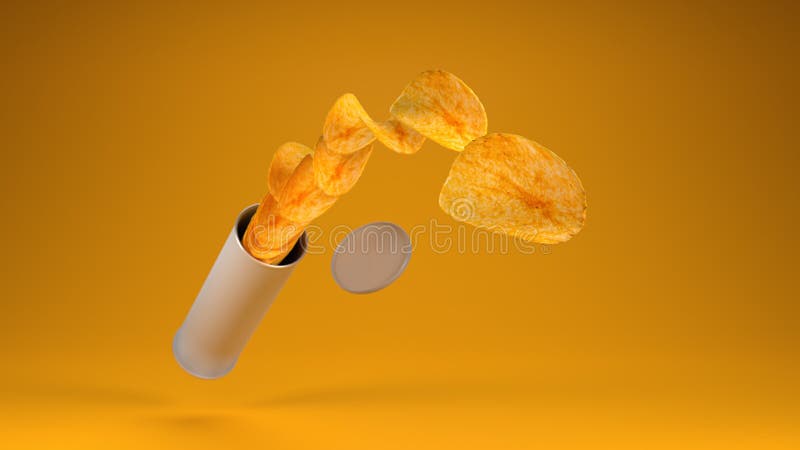 3D Render, Open Package of Potato Chips on Orange Background. Crispy ...