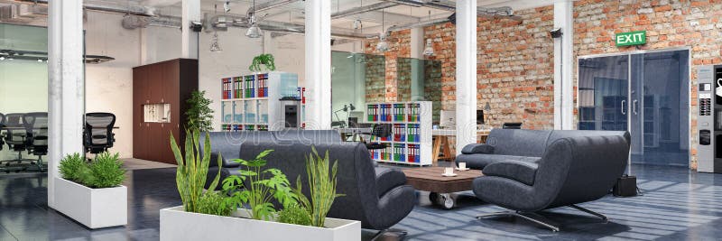 3d Render - Open Plan Office - Office Building Stock Illustration ...