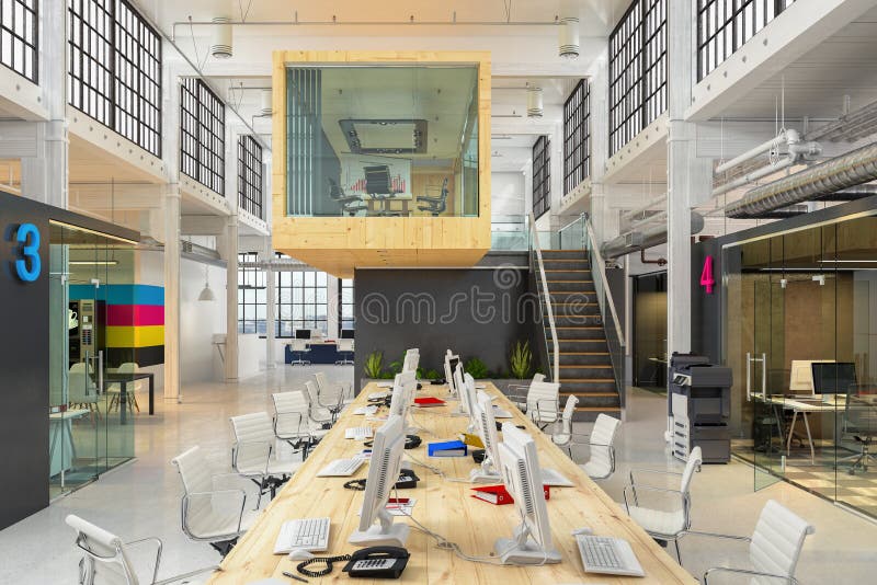 3d Render - Open Plan Office - Office Building Stock Illustration ...