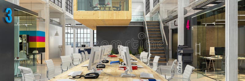 3d Render - Open Plan Office - Office Building Stock Illustration ...