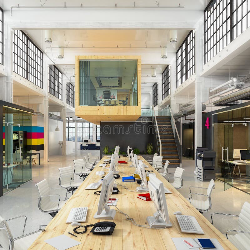 3d Render - Open Plan Office - Office Building Stock Illustration ...