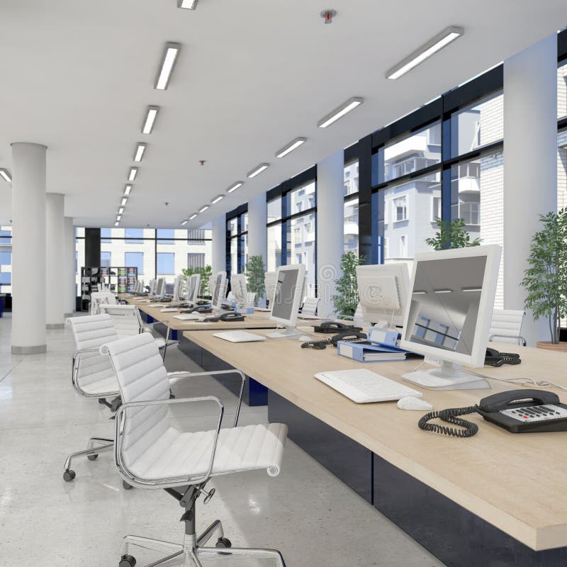 3d Render - Open Plan Office - Office Building Stock Illustration ...