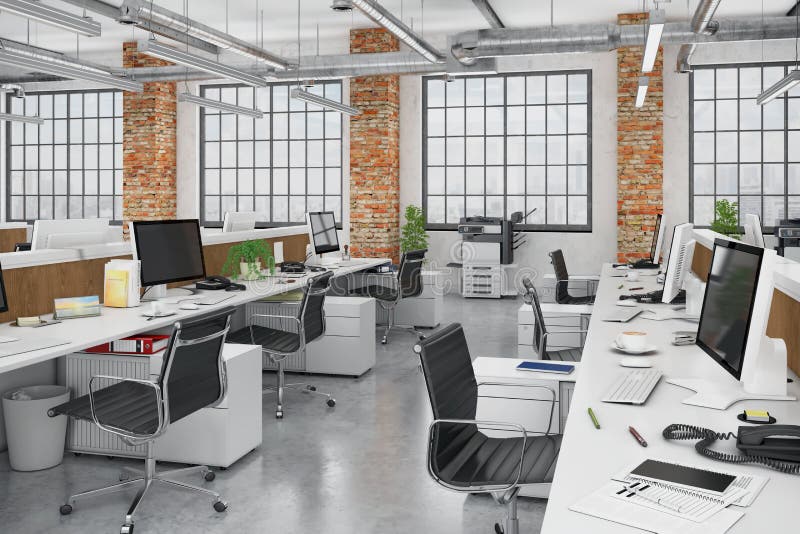 3d Render - Open Plan Office - Office Building Stock Illustration ...