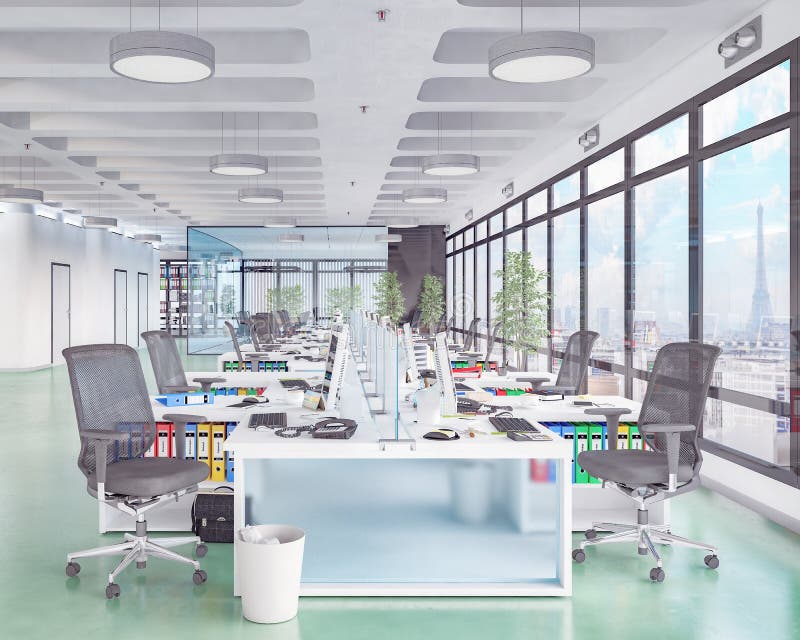 3d Render - Open Plan Office - Office Building Stock Illustration ...