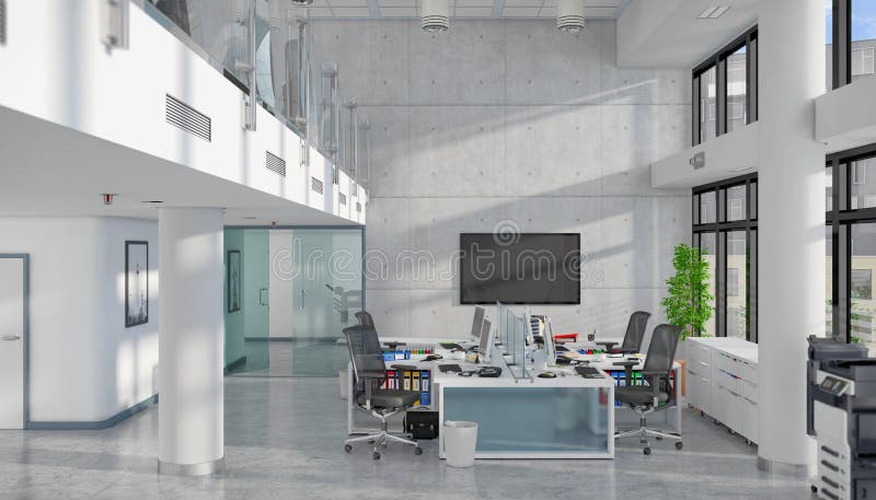 3d Render - Open Plan Office - Office Building Stock Illustration ...