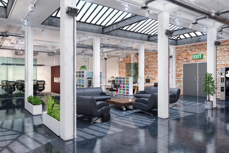 3d Render - Open Plan Office - Office Building Stock Illustration ...