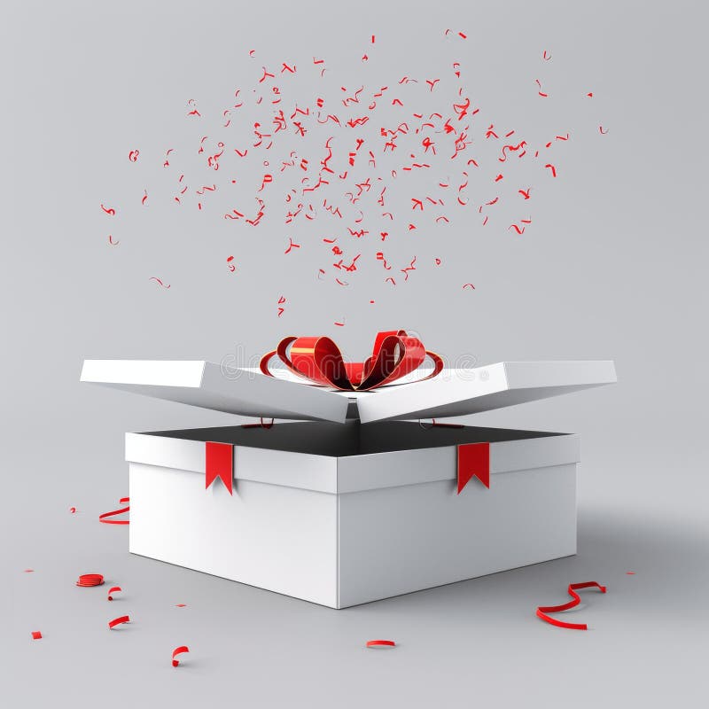 3D Render of Open White Gift Box with Red Ribbon Flying Out on Grey ...
