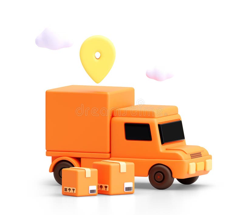 3D Render of Orange Delivery Truck with Parcels and Map Pin on White ...