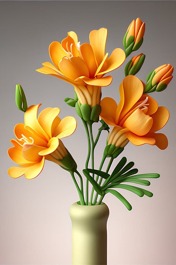 3d Render of Orange Freesia Flowers Bouquet in Vase Stock Illustration ...