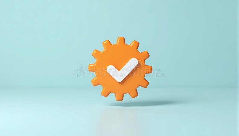3D Render, Orange Gear Icon, White Checkmark, Turquoise Background ...