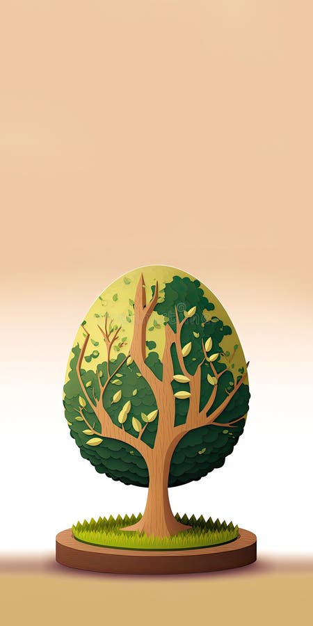 3D Render of Oval or Egg Shape Tree Against Pastel Brown Background and ...