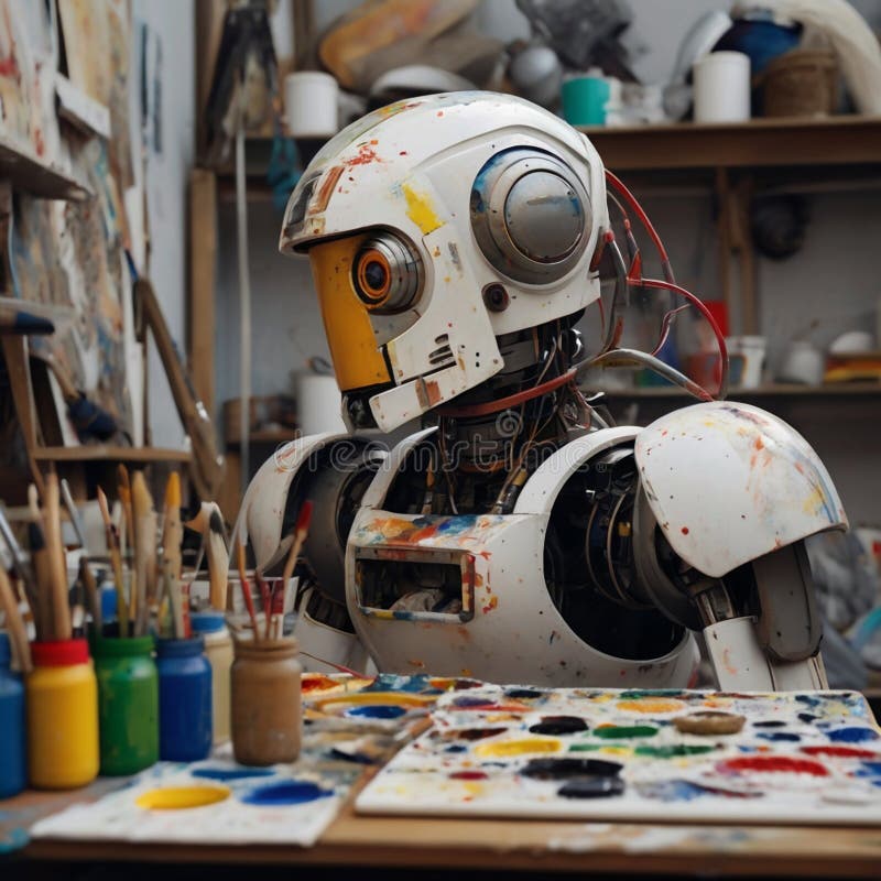A 3D Render of a Paint-splattered Robot in an Art Studio, Seated at a ...