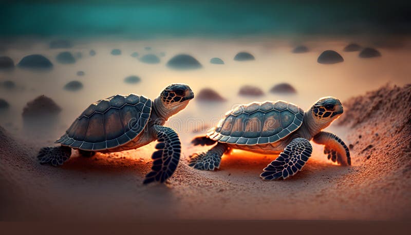 3D Render of a Pair of Turtles on the Sand at Sunset Stock Illustration ...