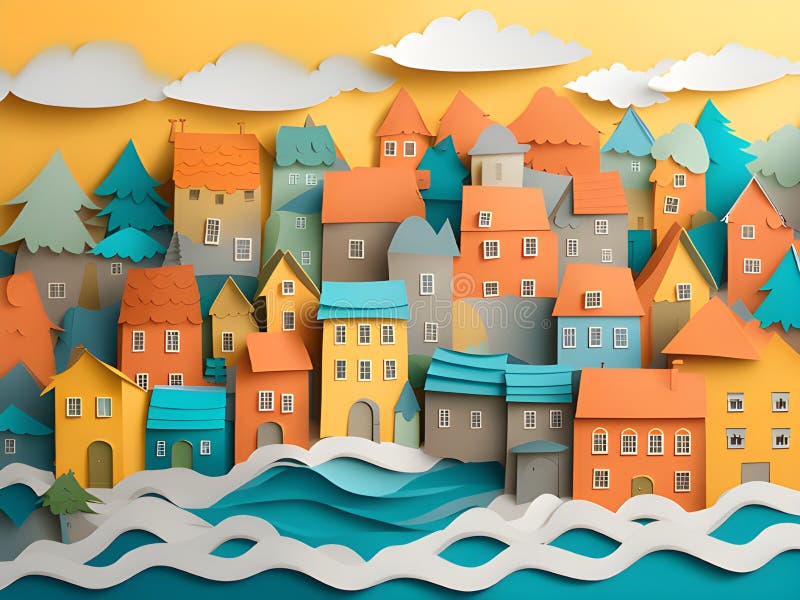 3d Render of Paper Cut Houses with Trees and Mountains, Ai Generated ...