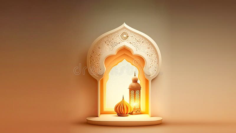 3D Render of Paper Cut Mosque Window with Illuminated Arabic Lamp and ...