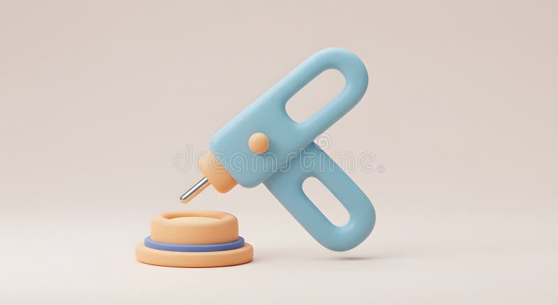 3D Render Pastel Blue Tool Applying Adhesive on Beige Circular Object ...