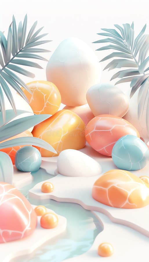 3d Render of a Pastel Colored Landscape with Rocks and Palm Leaves ...