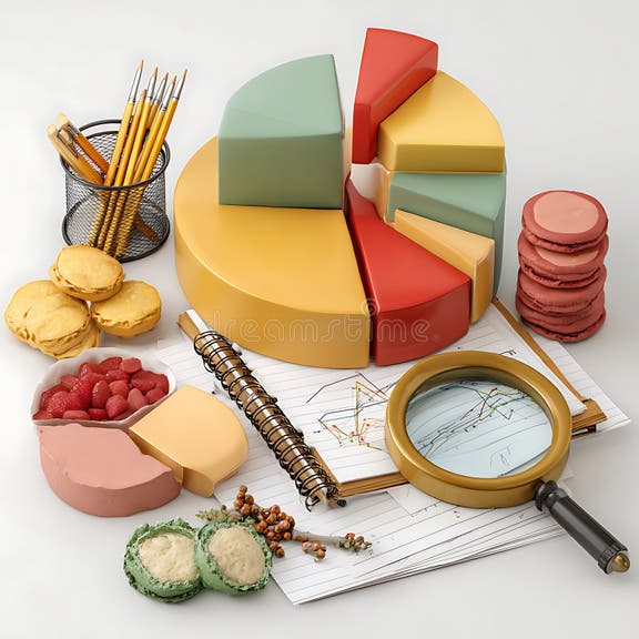 3D Render of Pastel Colored Pie Chart Data Analysis with Magnifying ...