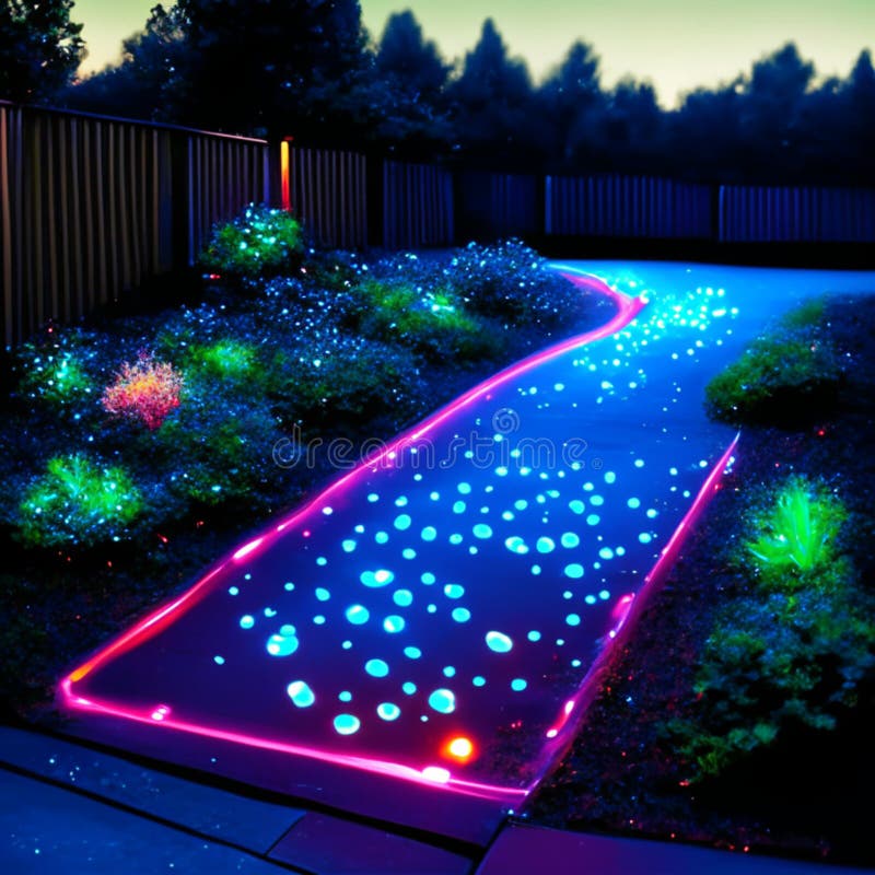 A 3d Render of a Pathway through the Garden with Colorful Lights ...